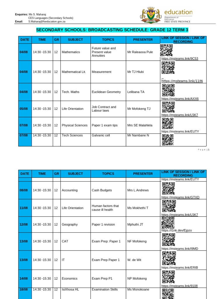 Grade 12 Term 3 Broadcast Schedule | PDF | Mathematics | Science
