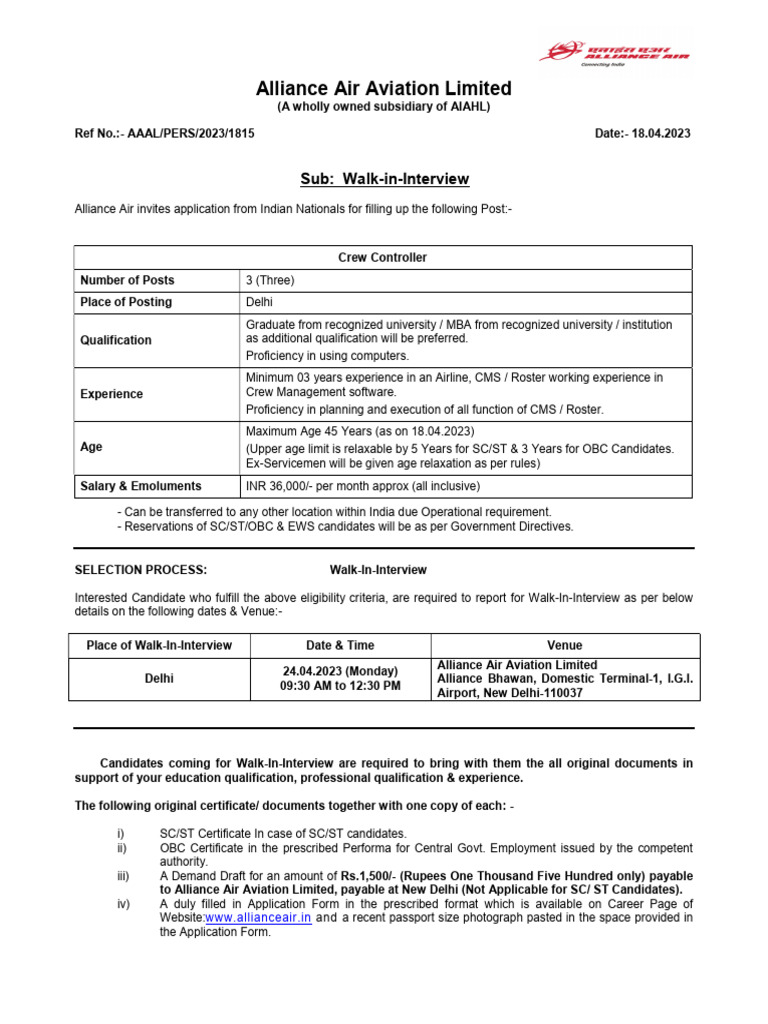 Walk-in-Interview of Crew Controller 180423 | PDF