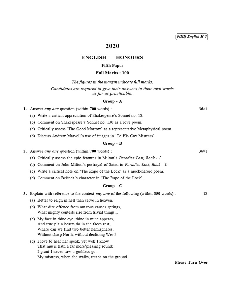 English Honours Paper on Poetry Analysis | PDF | Paradise Lost | Poems