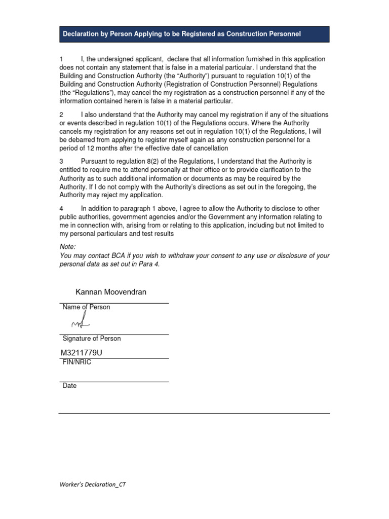 BCA Declaration Form (Coretrade) - Kannan Moovendran 3 | PDF