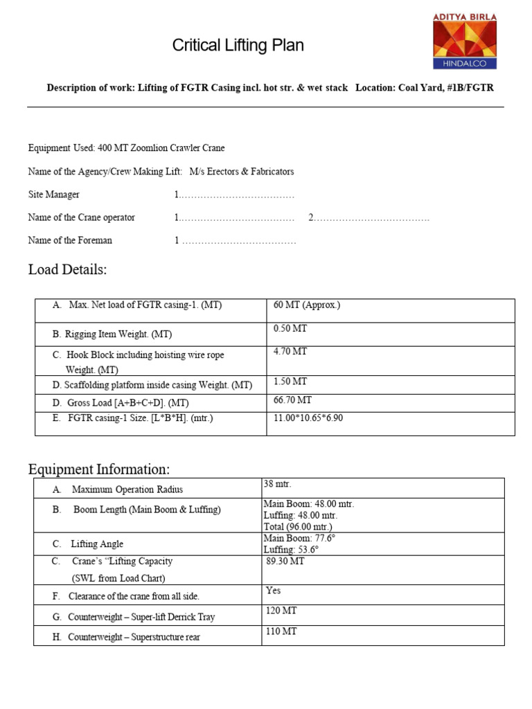 Critical Lifting Plan for FGTR Casing | PDF | Crane (Machine)