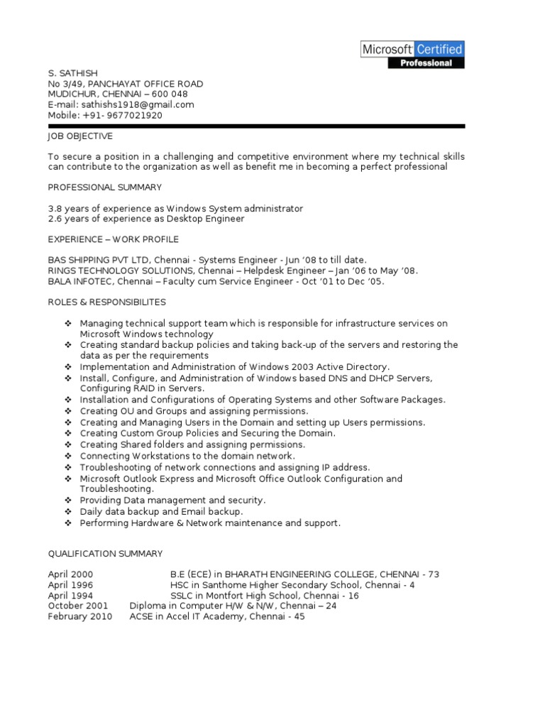 Sathish CV | Download Free PDF | System Administrator | Microsoft Windows