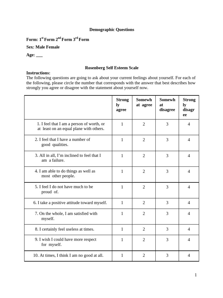 Student Resilience and Self-Esteem Survey | PDF | Psychology ...