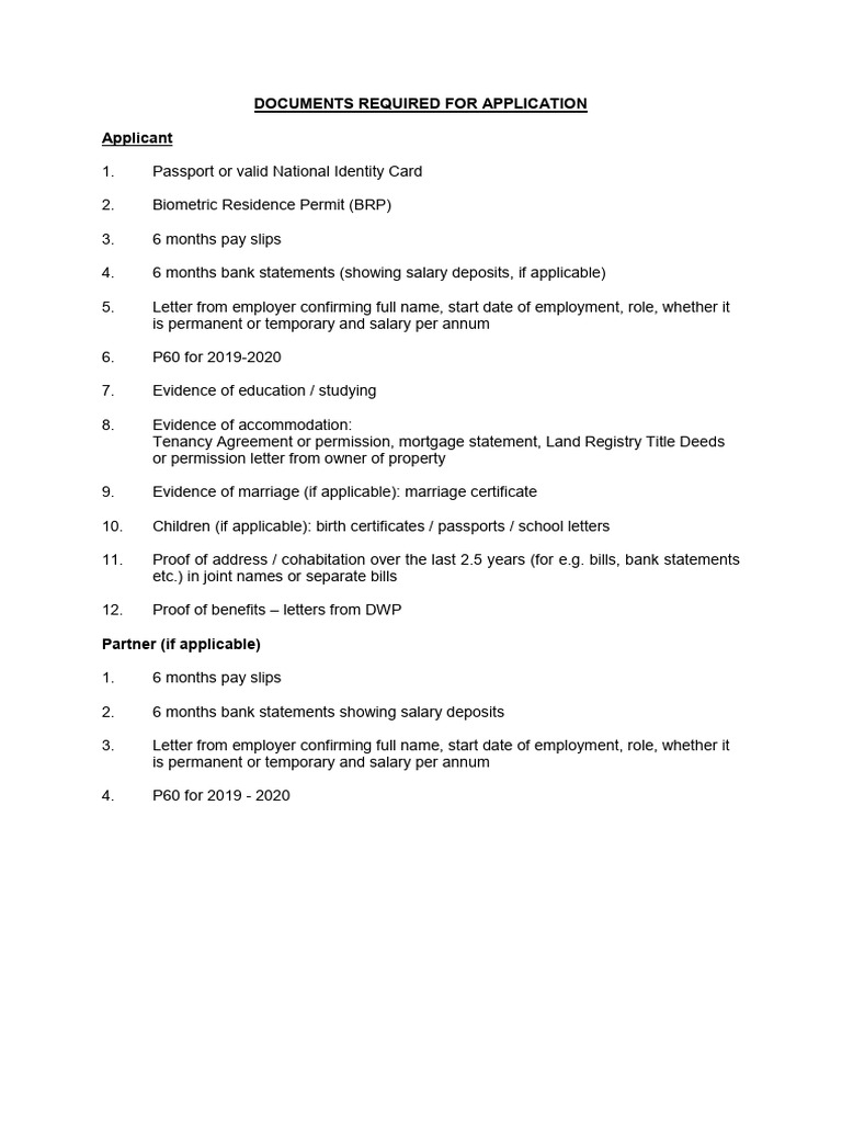 List of documents for application | PDF