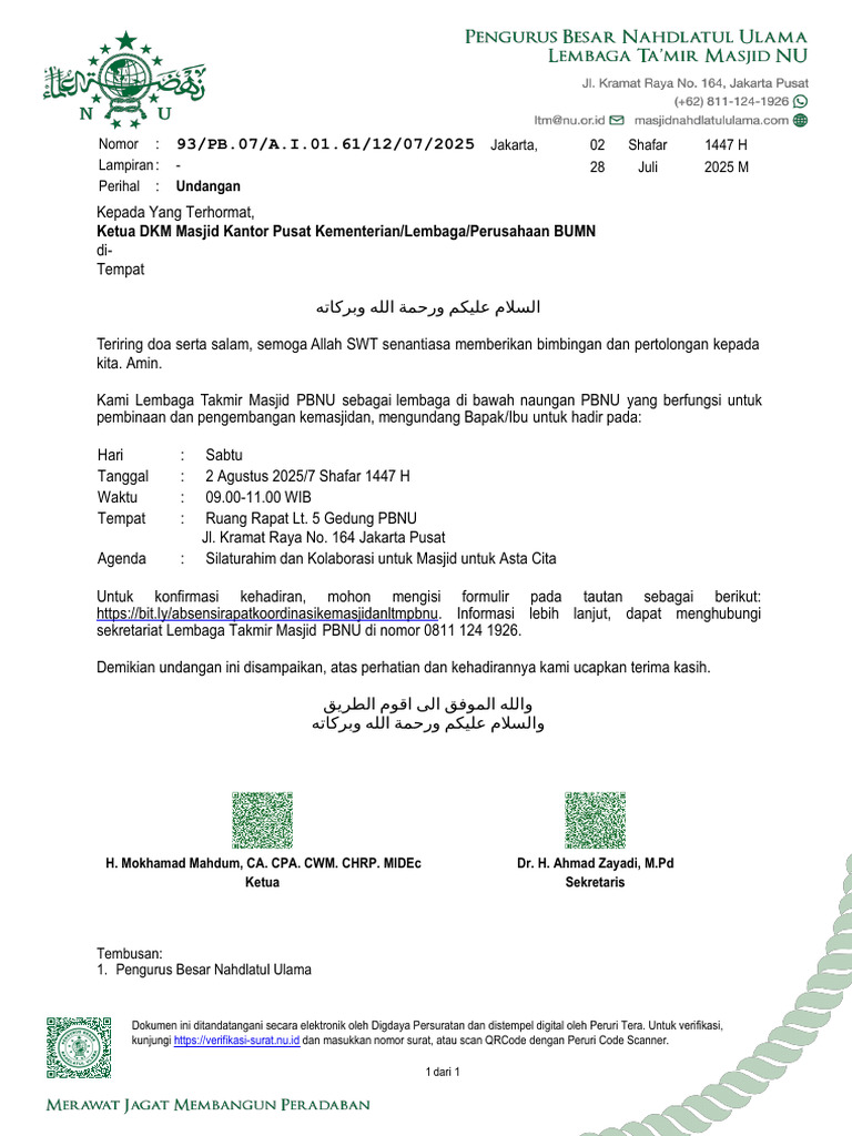 Undangan Silaturahim Masjid PBNU 2025 | PDF
