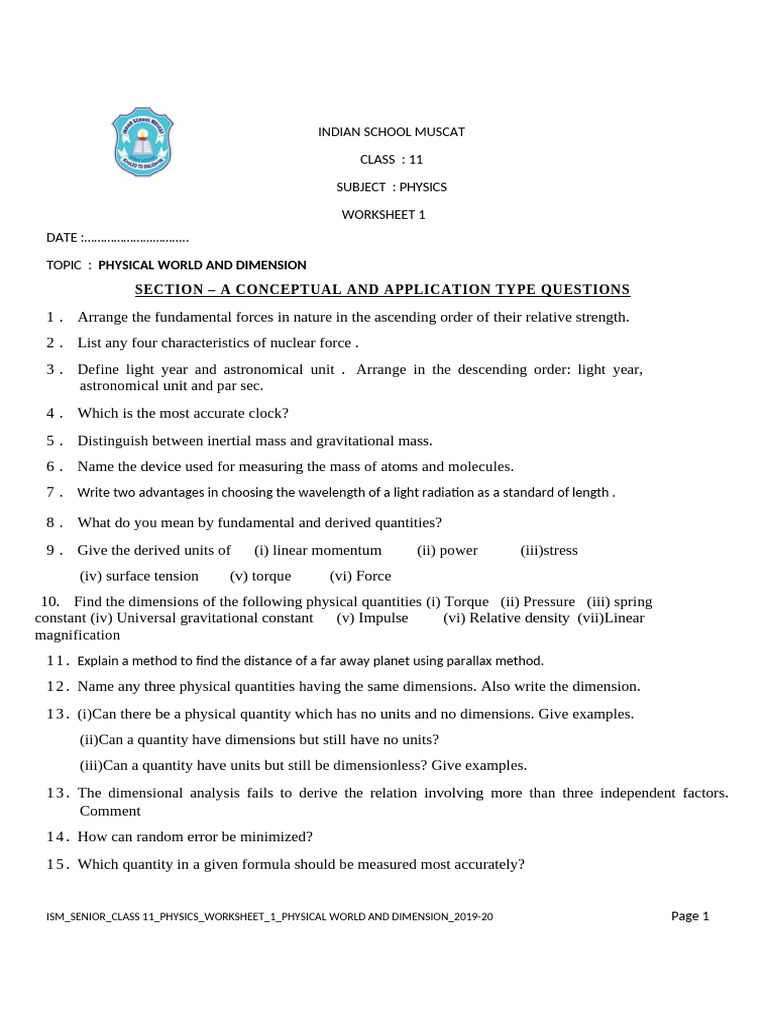 Class 11 Physics: Units & Measurements Worksheet | PDF | Force | Mass