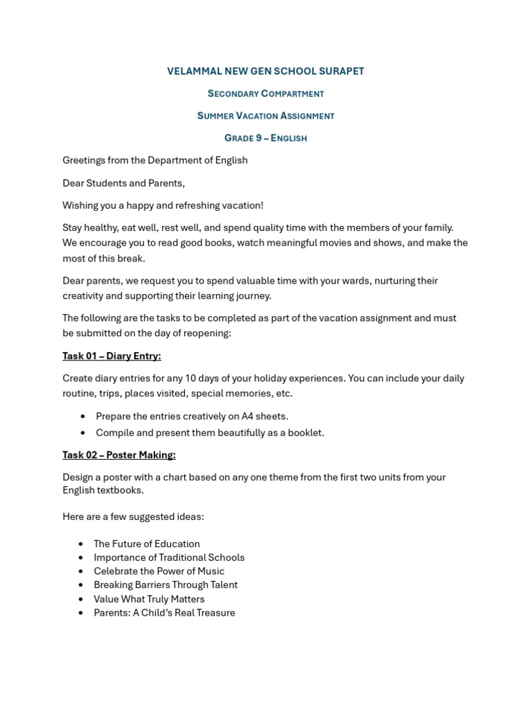 Grade 9 Summer Assignment Guide | PDF