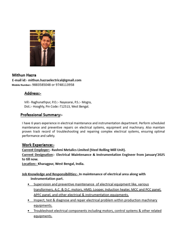 Current Resume of Mithun Hazra | PDF | Mechanical Engineering | Electrical Engineering