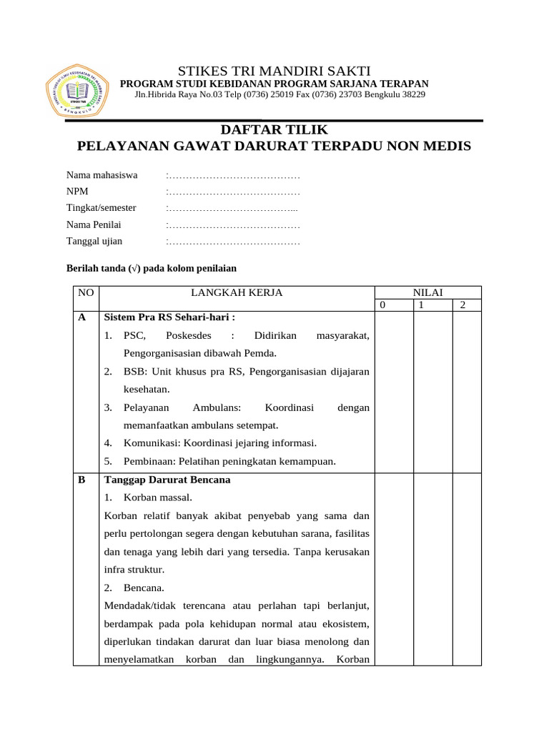 DAFTAR TILIK PELAYANAN GAWAT DARURAT TERPADU NONMEDIS | PDF