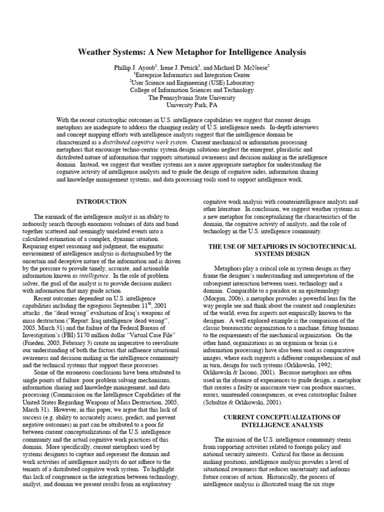 Weather Systems: A New Metaphor For Intelligence Analysis: Distributed ...
