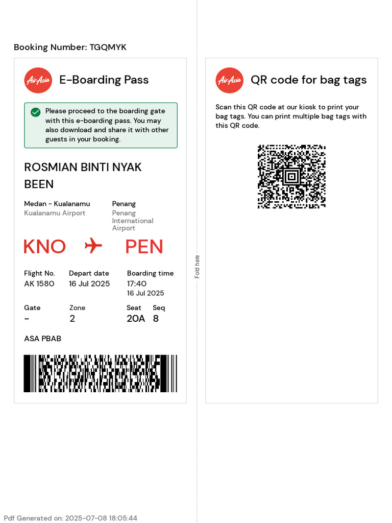 E-Boarding Pass QR Code For Bag Tags: Booking Number: TGQMYK | PDF