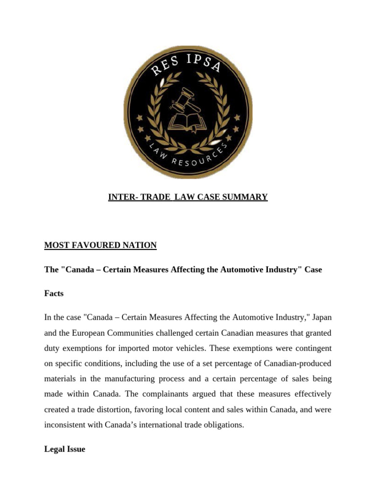 WTO Trade Law Case Summaries | PDF | World Trade Organization | Most ...