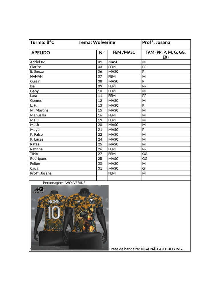 8C_Lista Nomes e Nr Das Camisetas | PDF