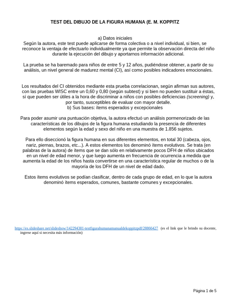 Test de Dibujo de la Figura Humana Koppitz | PDF | Cociente de ...
