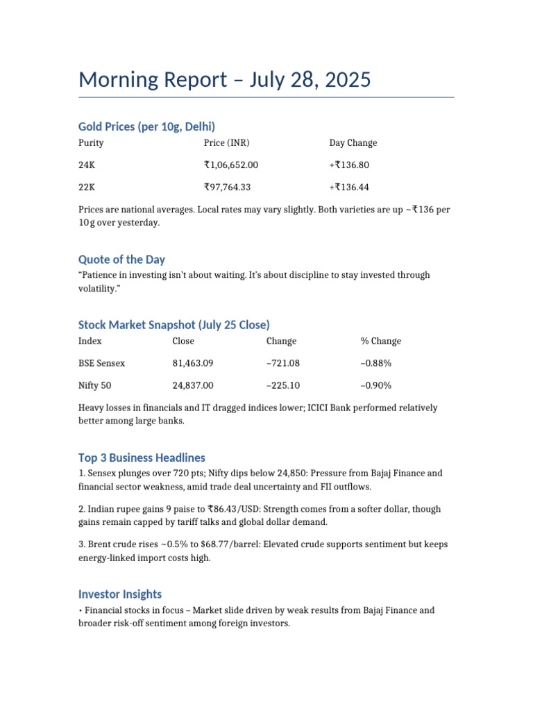 Morning Report July 28 2025 | PDF