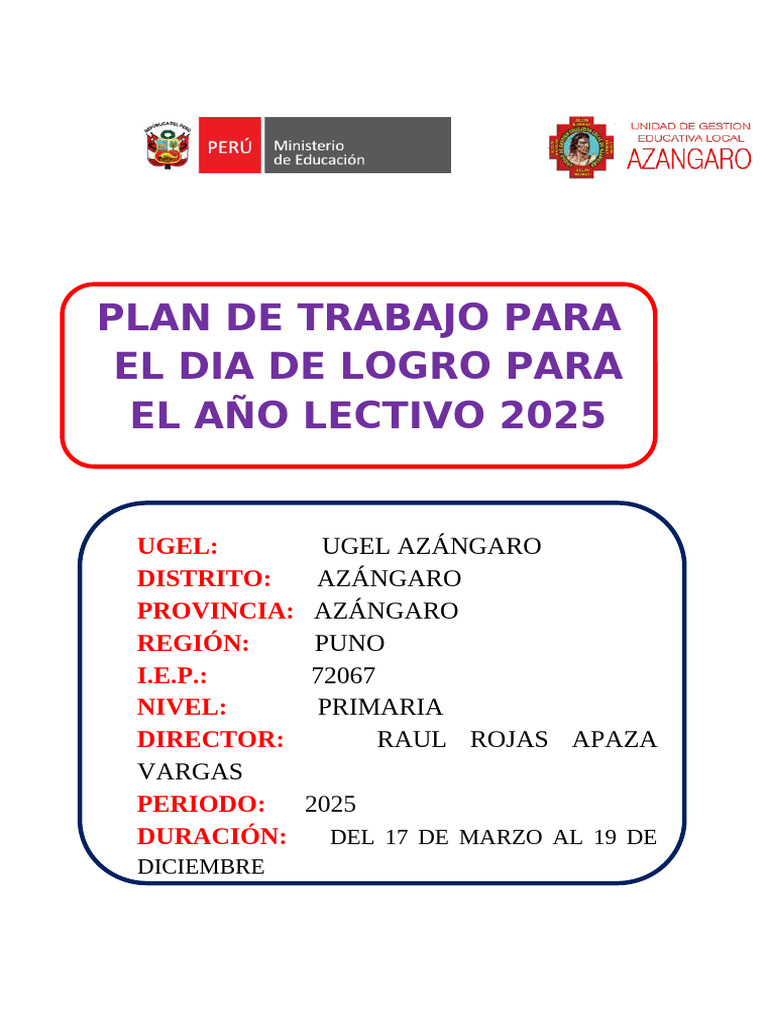 Plan de Trabajo Del Dia de Logro 2025 | PDF | Evaluación | Aprendizaje