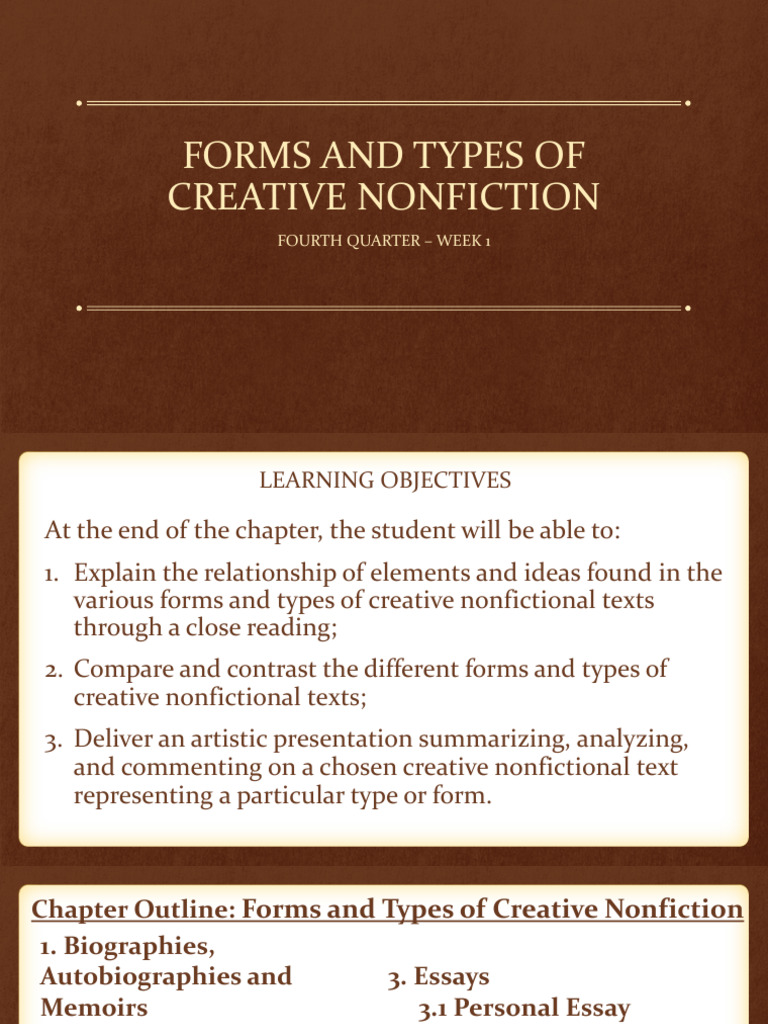 Creative Nonfiction Forms Overview | PDF | Essays | Narrative