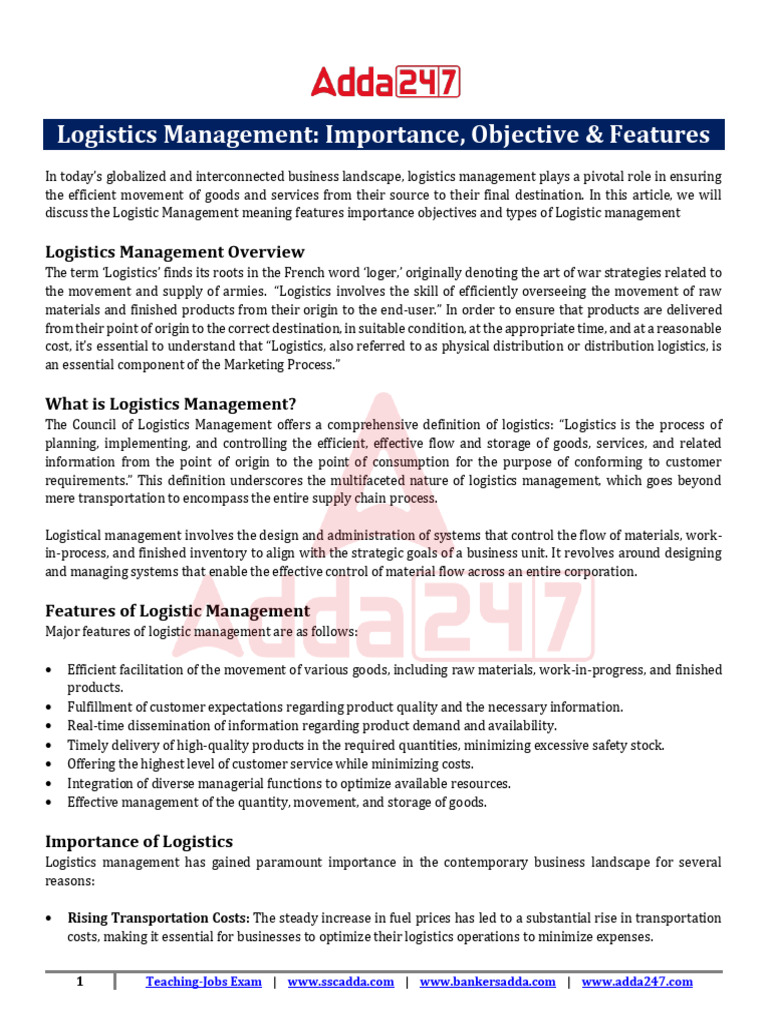 Logistics Management: Key Features & Importance | PDF | Logistics ...