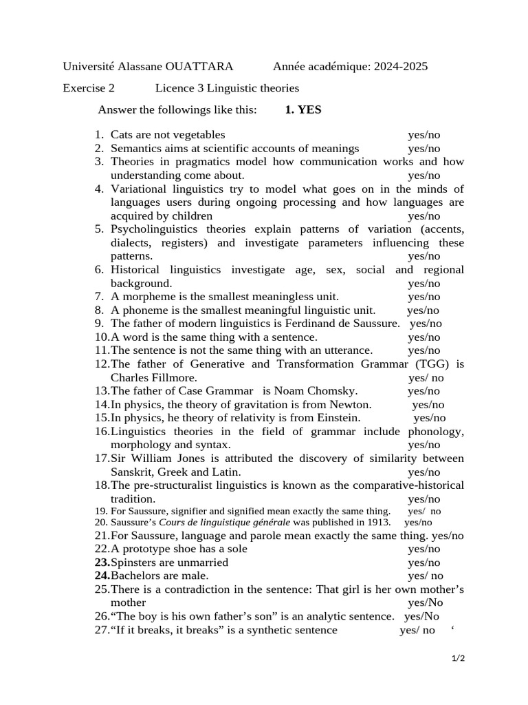 Exercise 2 Linguistic Theories | PDF | Linguistics | Semantics