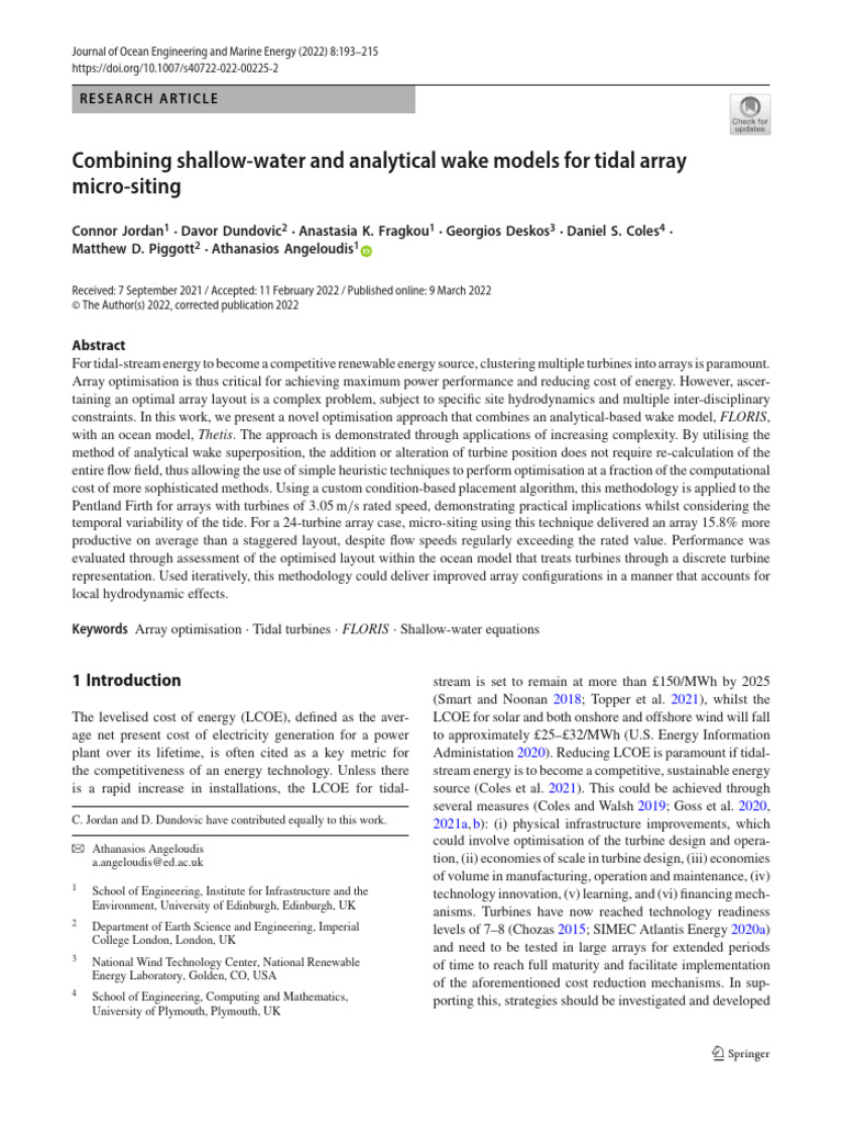 2022 - Combining Shallow-Water and Analytical Wake Models For Tidal Array Micro-Siting | PDF ...