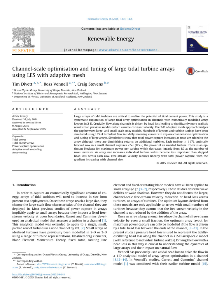2016 - Channel-Scale Optimisation and Tuning of Large Tidal Turbine Arrays Using | PDF | Fluid ...