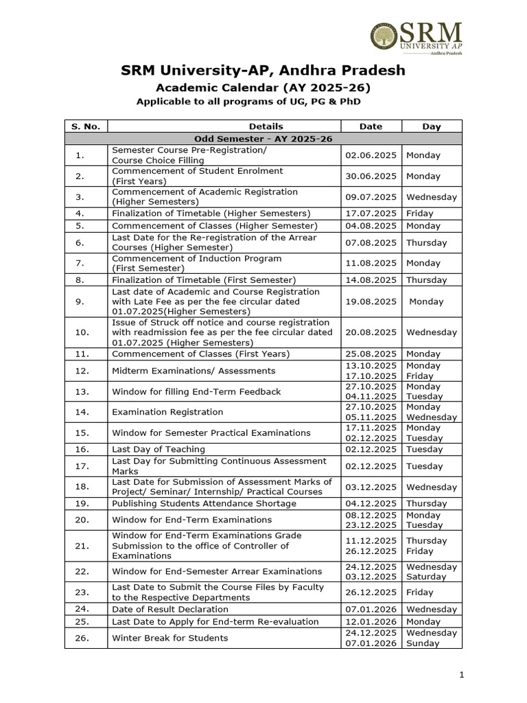 SRM AP Academic Calendar 2025-26 | PDF | Academic Term