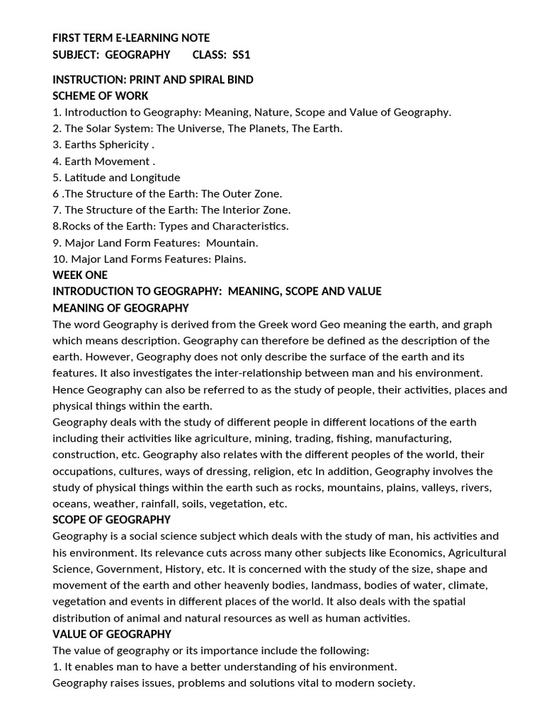 SS1 Geography First Term Overview | PDF | Planets | Earth