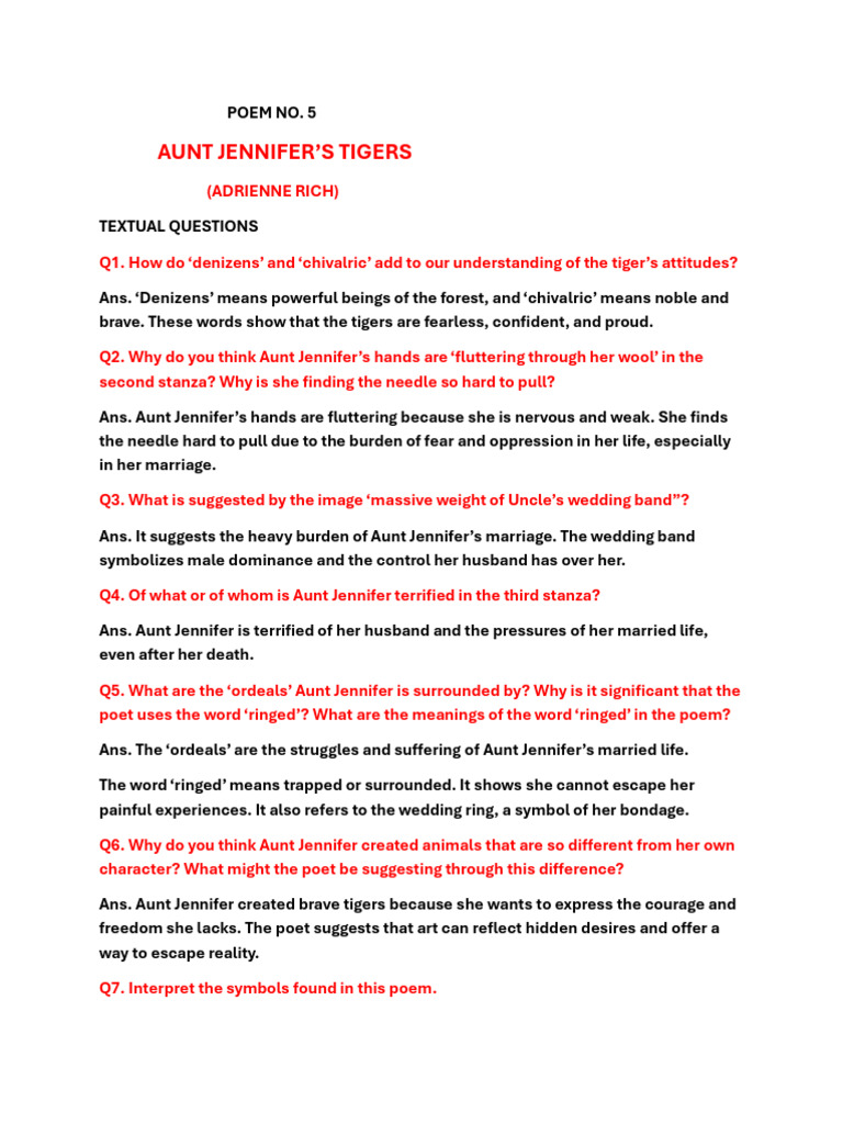 AUNT JENNIFER'S TIGERS (Poem No.5) | PDF