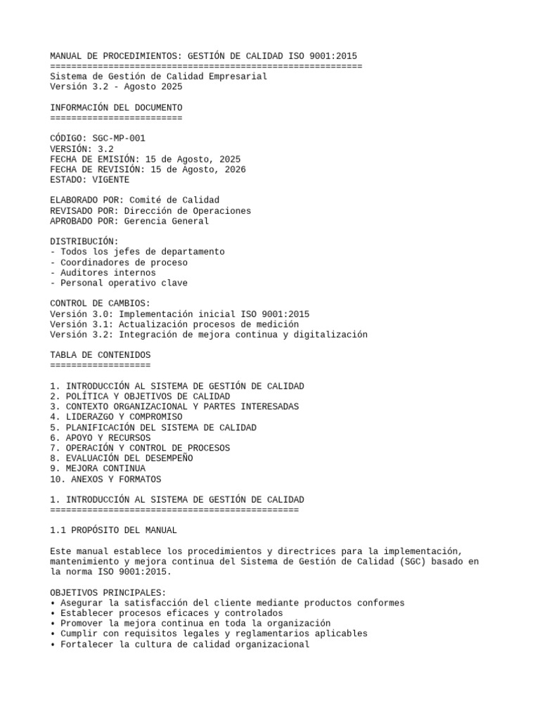 Manual Procedimientos Gestion Calidad Iso9001 2025 | PDF | Sistema de manejo de calidad ...