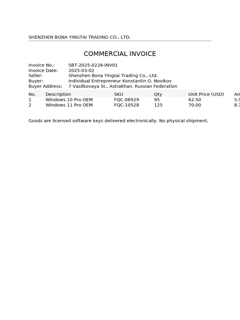 Shenzhen Bona Yingtai Invoice for Software Keys | PDF