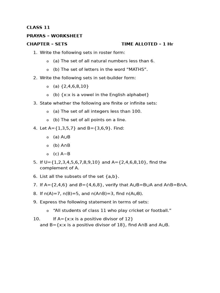 Class 11 Maths: Sets Worksheet | PDF