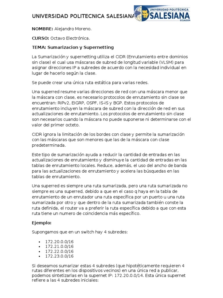 Sumarizacion y Supernetting | PDF | Dirección IP | Enrutador (Computación)