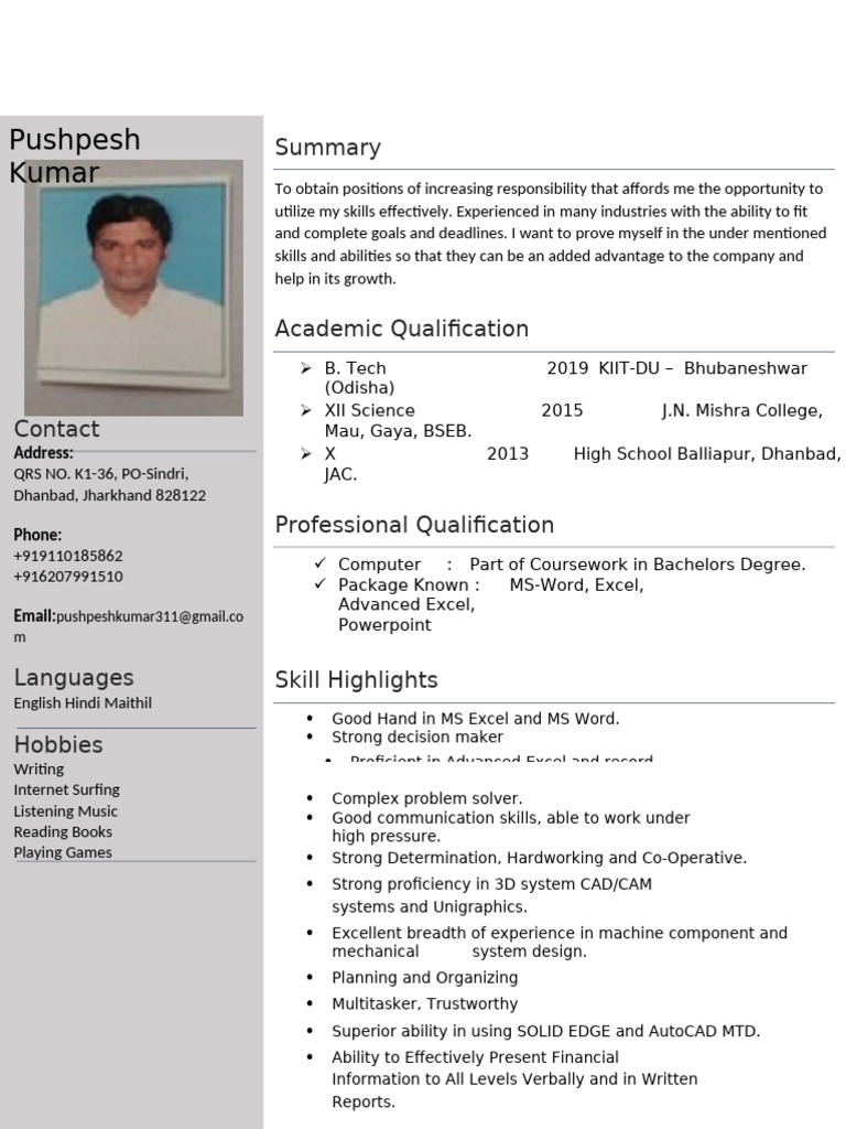 Mechanical Engineer CV - Pushpesh Kumar | PDF | Inventory