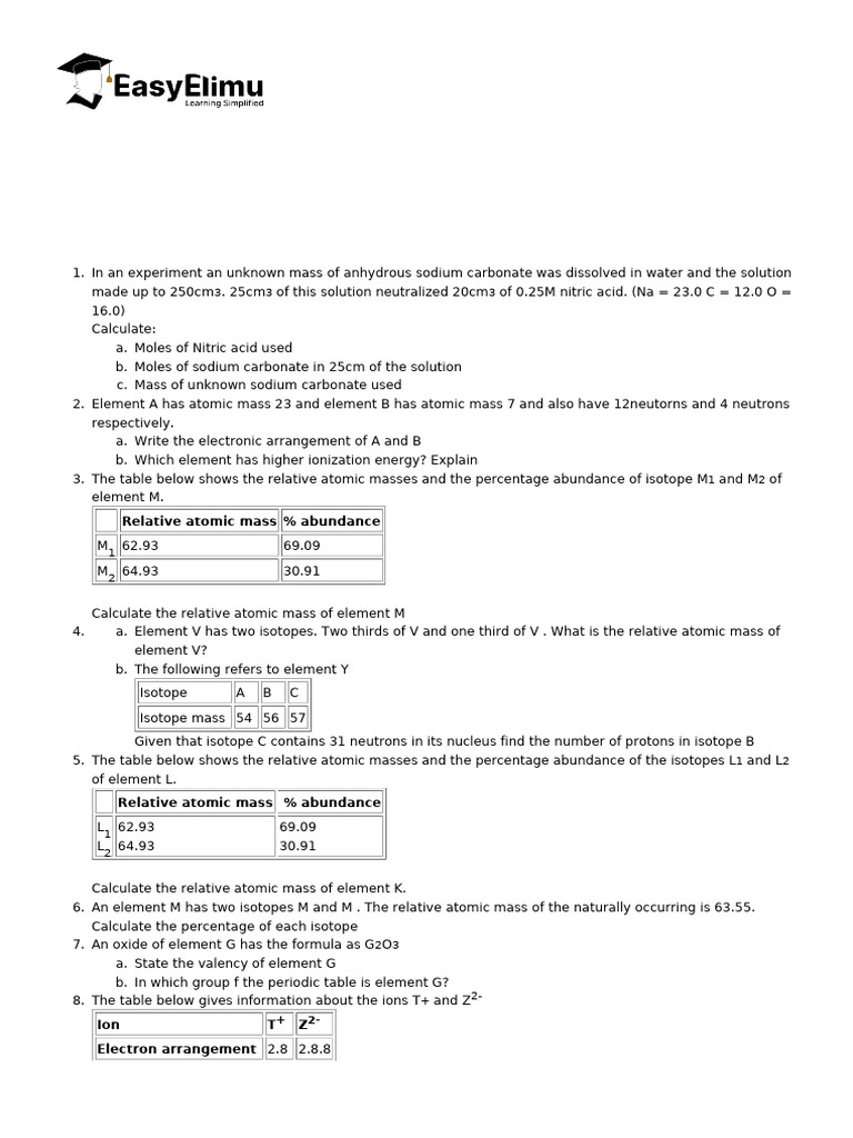 HsStructure of The Atom and The Periodic Table Questions and Answers ...