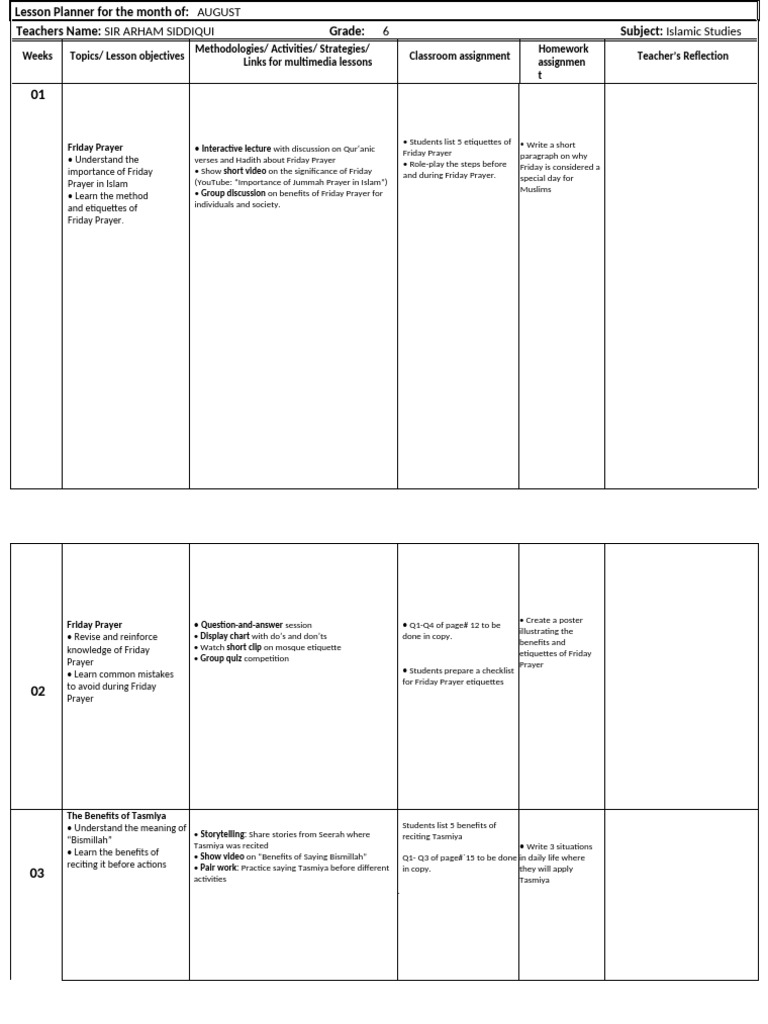 August Islamiat Lesson Plan for Grade 6 | PDF | Abrahamic Religions ...
