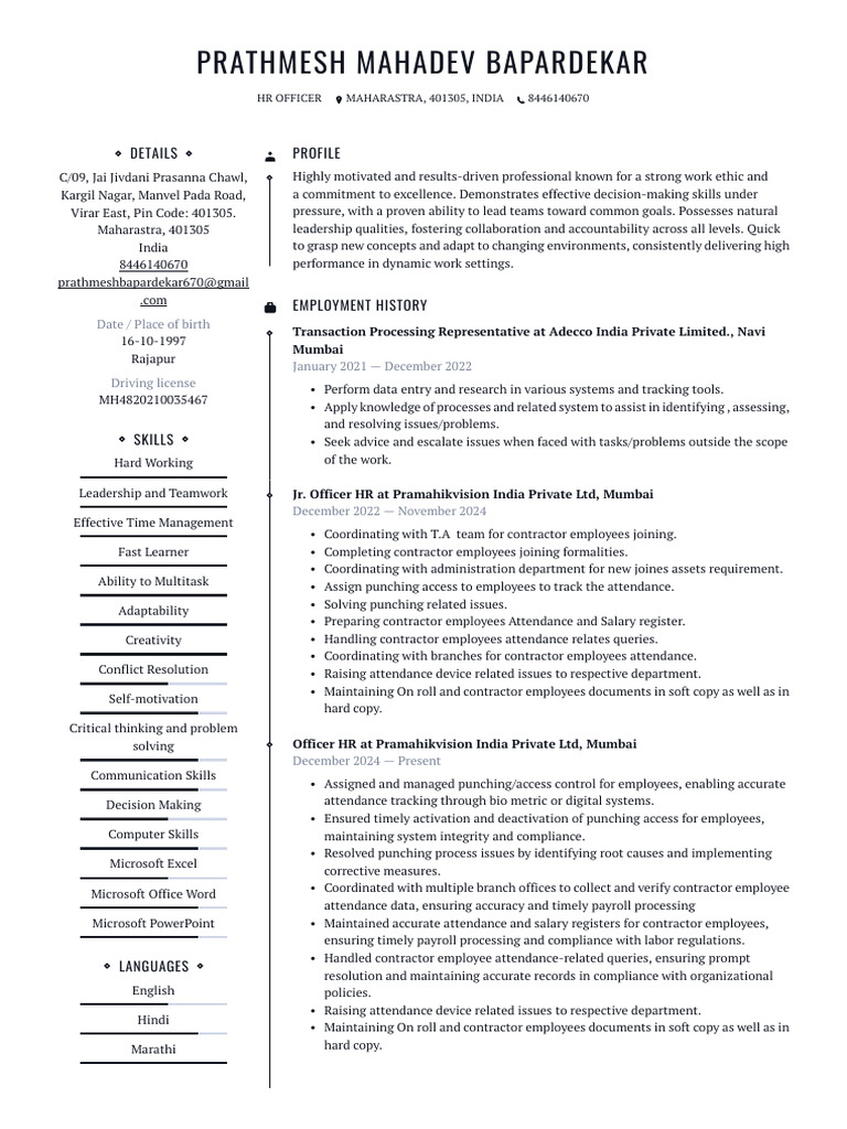 Prathmesh Mahadev Bapardeka | PDF | Regulatory Compliance | Employment