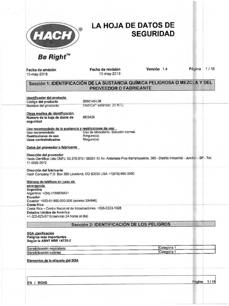 StablCal Estandar, 20NTU (Solución Estandar de Turbidez 20NTU) | PDF