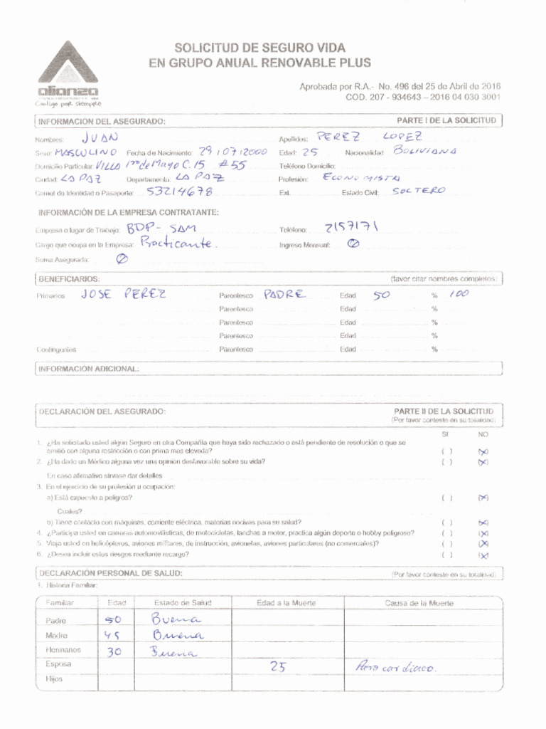 Ejemplo Formulario Seguro | PDF