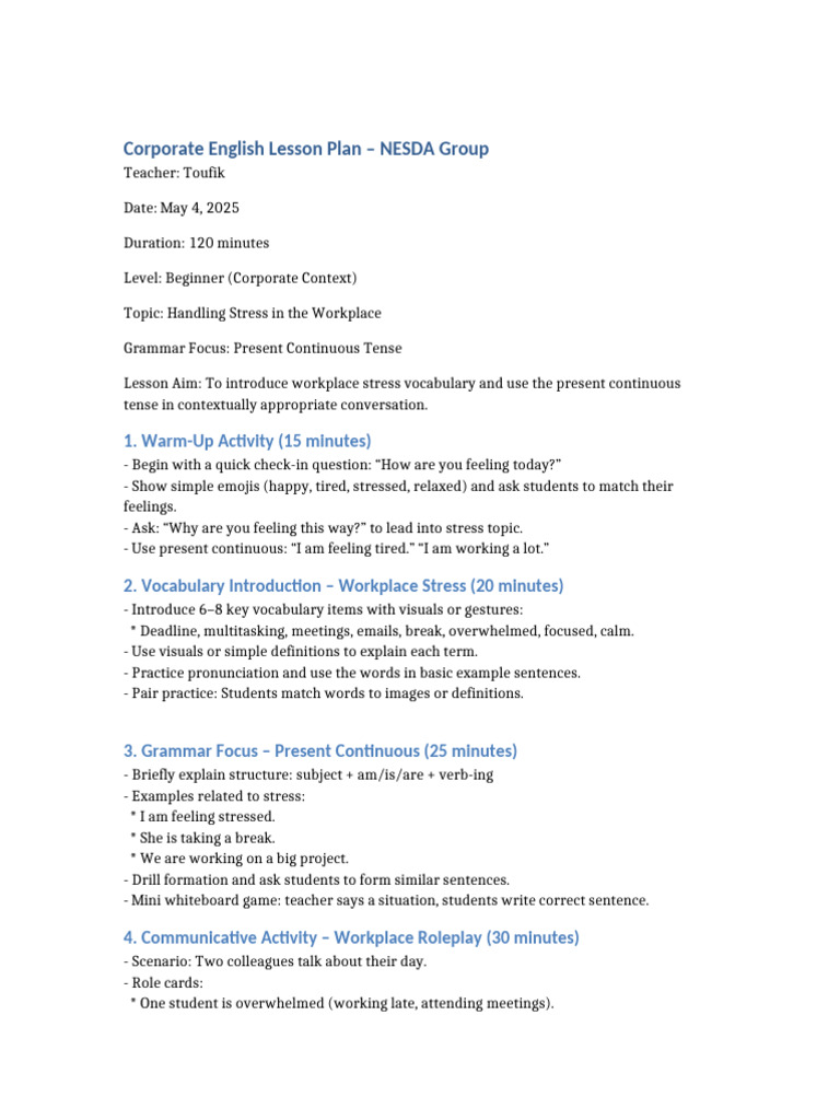 NESDA Lesson 2 Handling Stress Present Continuous | PDF