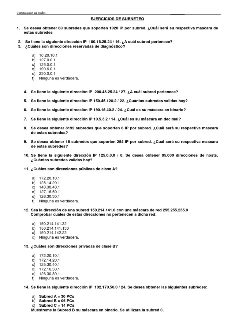 Ejercicio de Subneteo | PDF | Dirección IP | Protocolos de internet