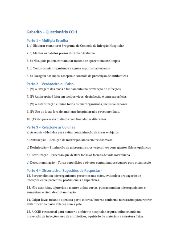 Gabarito do Questionário CCIH: Controle de Infecções | PDF