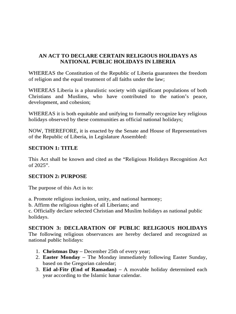 Liberia Religious Holidays Act 2025 | PDF | Holidays | Religious Pluralism