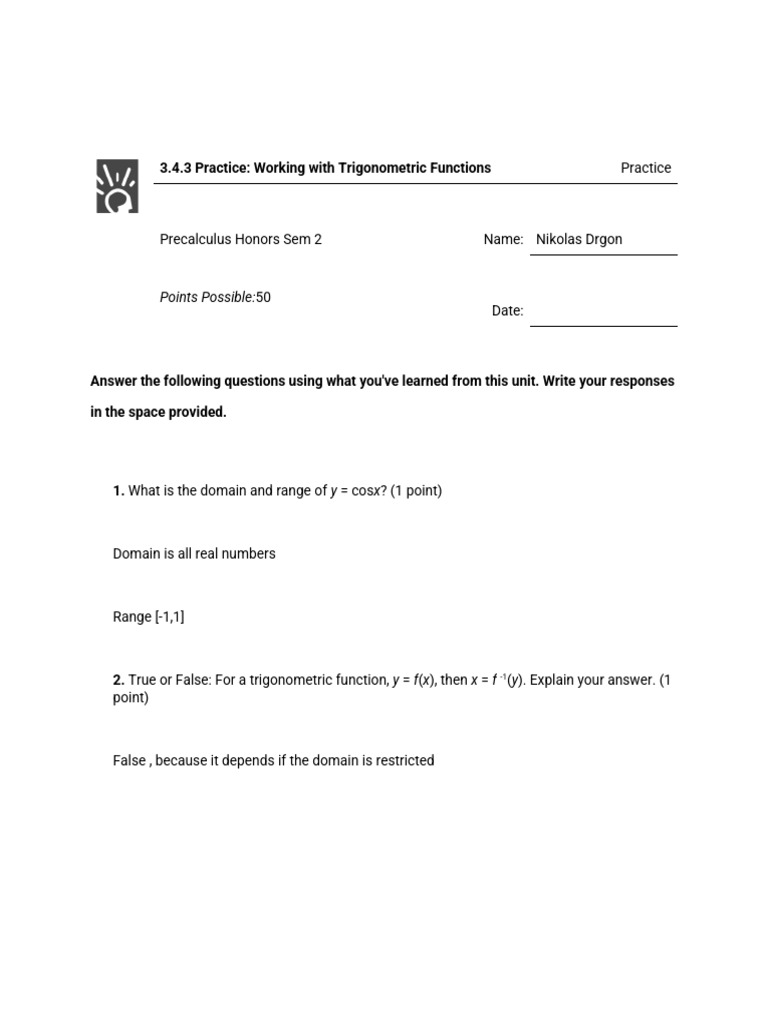 3 4 3 Practice Working With Trigonometric Functions | PDF | Function ...