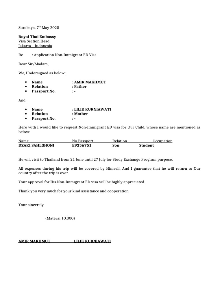Sponsor Letter for Thai Visa Application | PDF