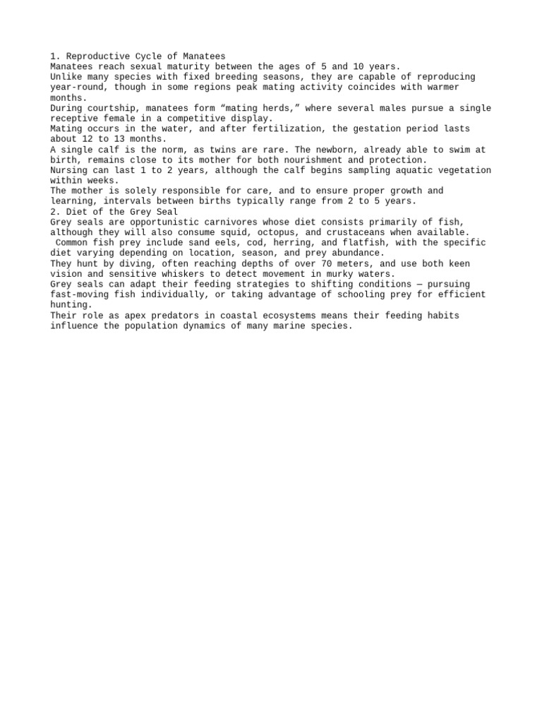 Manatee Reproduction and Grey Seal Diet | PDF