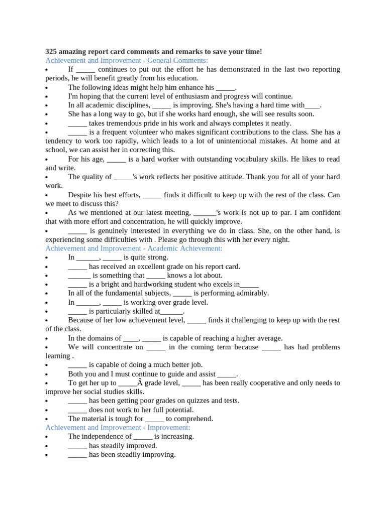 Essential Report Card Comments Guide | PDF | Vocabulary | Linguistics