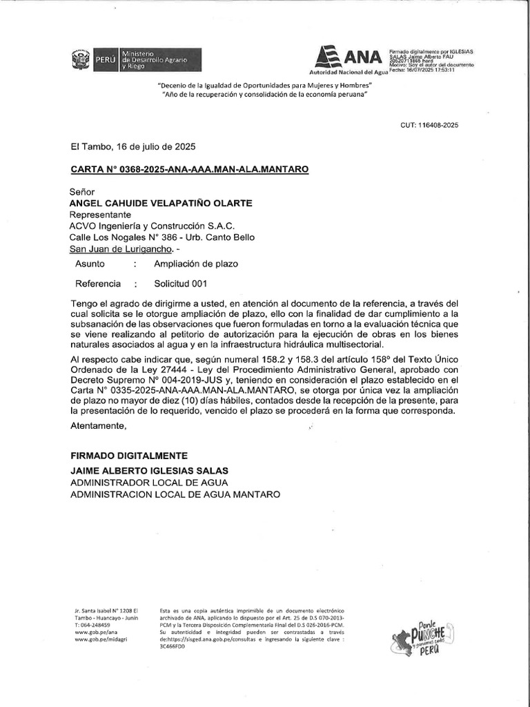 Carta 0368-2025-Ana-Aaa-Man - Ala.mataro | PDF