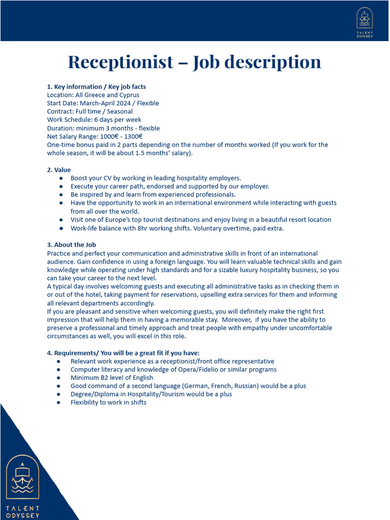 Receptionist - Job Description | PDF | Salary | Business