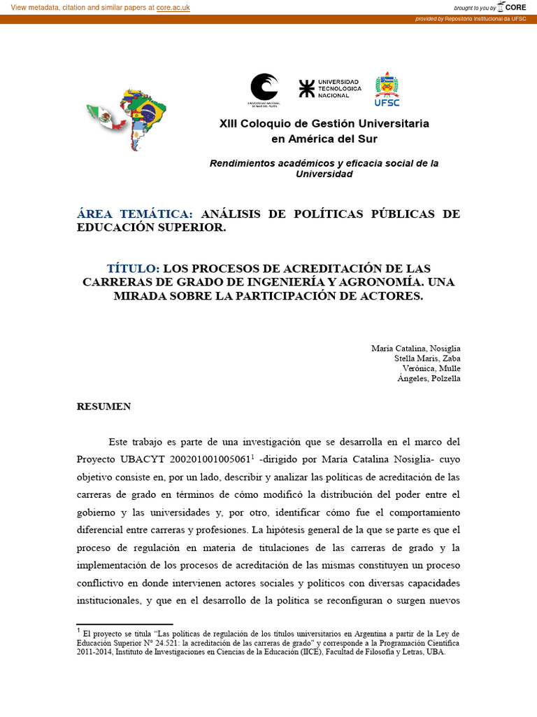 Nosiglia y Otros Acreditación Ingeniería y Agronomía 2013 | PDF | Institución | Universidad