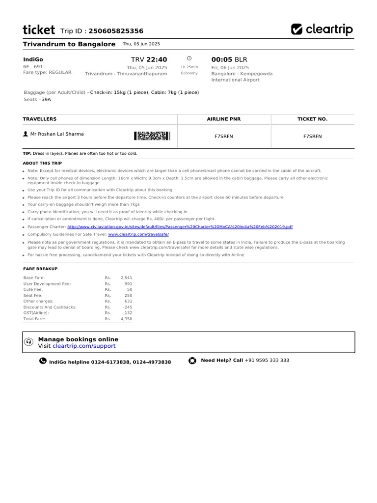 Cleartrip Flight Domestic E-Ticket | PDF | Aviation | Transport